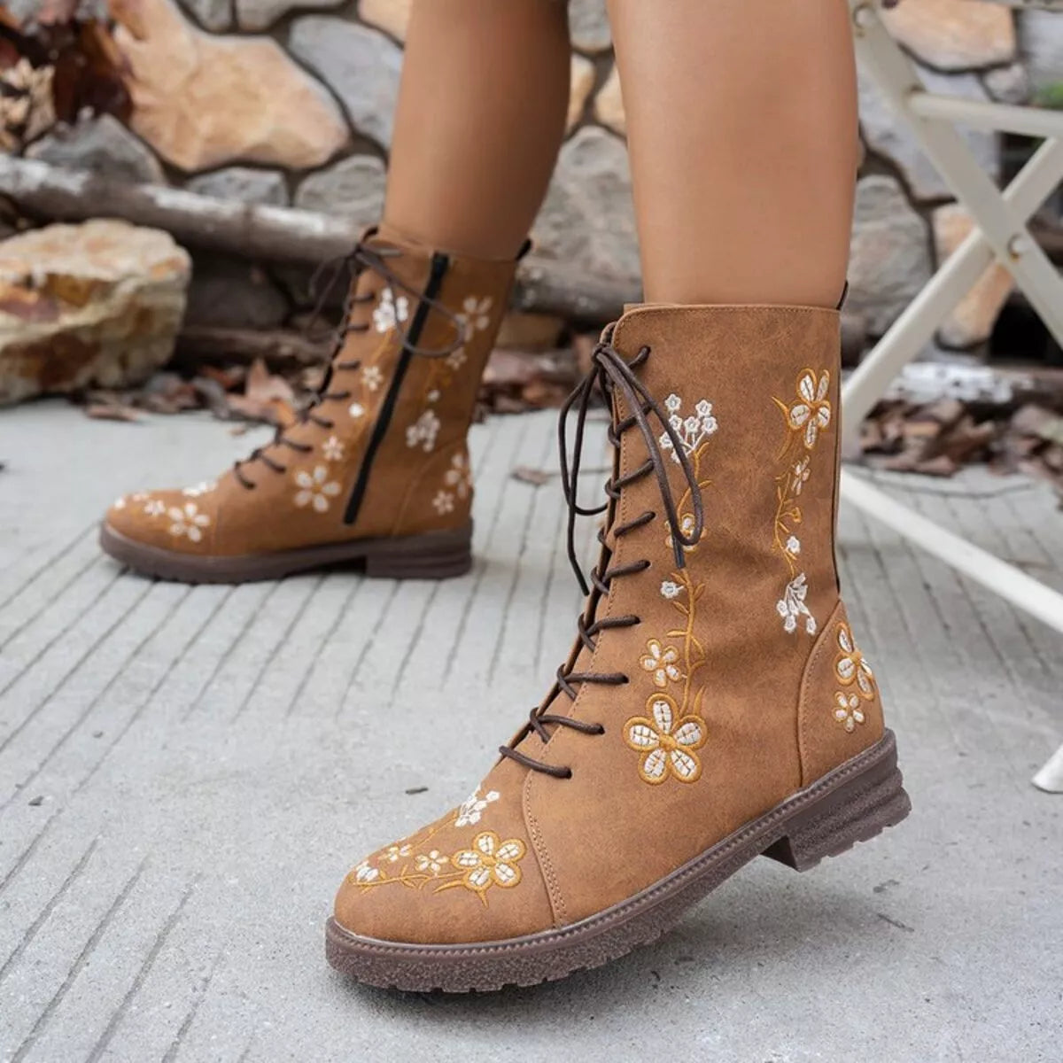 Wildflower Wanderer Embroidered Boots – Boho Floral Lace-Up Combat – A ...